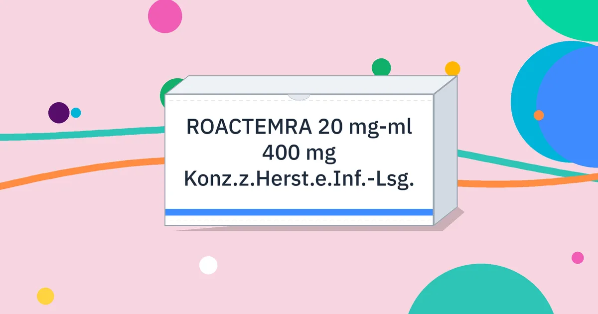 Symbolbild: Packung mit der Aufschrift ROACTEMRA 20 mg-ml 400 mg Konz.z.Herst.e.Inf.-Lsg. (PZN 05456868) – Verfügbarkeit und Bezug in Apotheken in Frankfurt am Main