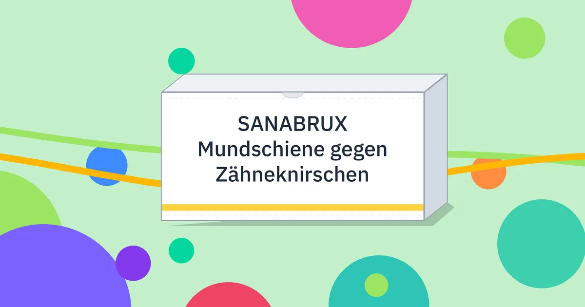 Symbolbild: Packung mit der Aufschrift SANABRUX Mundschiene gegen Zähneknirschen (PZN 12340830) – Verfügbarkeit und Bezug in Apotheken in Frankfurt am Main