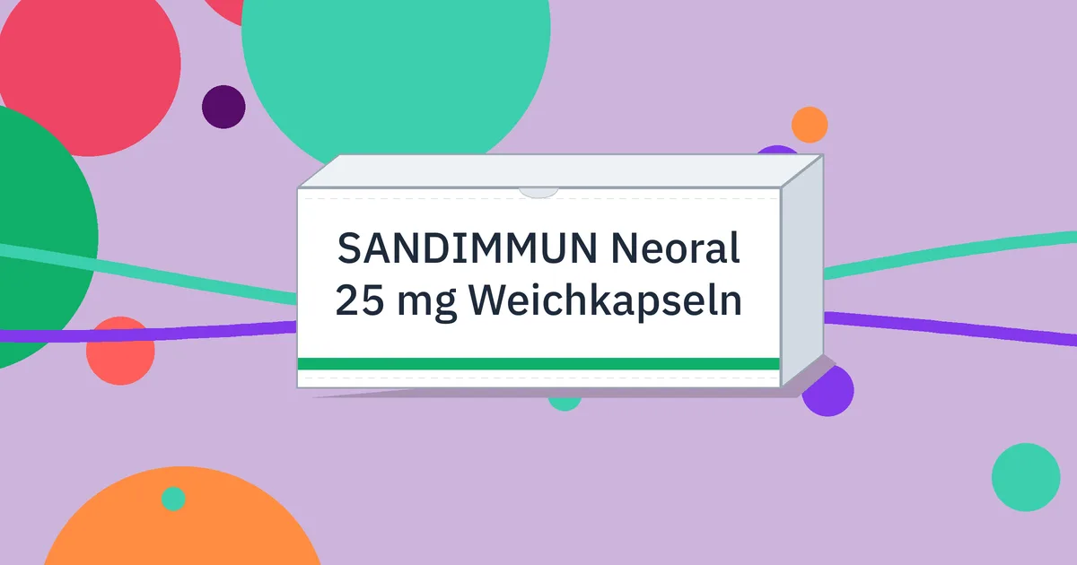Symbolbild: Packung mit der Aufschrift SANDIMMUN Neoral 25 mg Weichkapseln (PZN 08763909) – Verfügbarkeit und Bezug in Apotheken in Frankfurt am Main