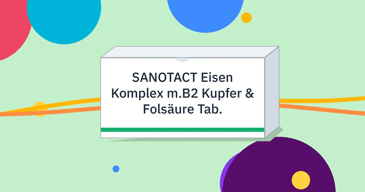 Symbolbild: Packung mit der Aufschrift SANOTACT Eisen Komplex m.B2 Kupfer & Folsäure Tab. (PZN 17859560) – Verfügbarkeit und Bezug in Apotheken in Frankfurt am Main