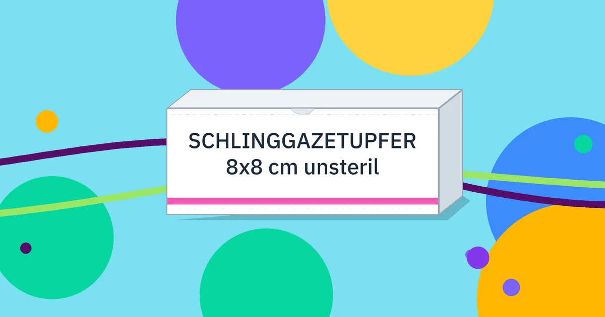 Symbolbild: Packung mit der Aufschrift SCHLINGGAZETUPFER 8x8 cm unsteril (PZN 08821601) – Verfügbarkeit und Bezug in Apotheken in Frankfurt am Main