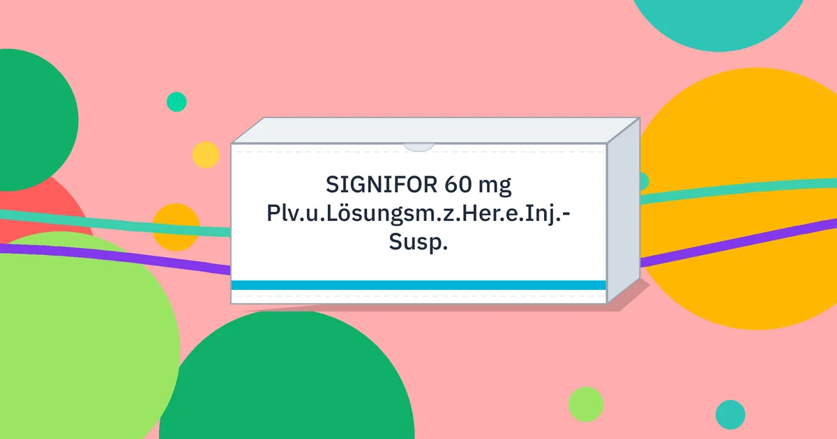 Symbolbild: Packung mit der Aufschrift SIGNIFOR 60 mg Plv.u.Lösungsm.z.Her.e.Inj.-Susp. (PZN 10753723) – Verfügbarkeit und Bezug in Apotheken in Frankfurt am Main