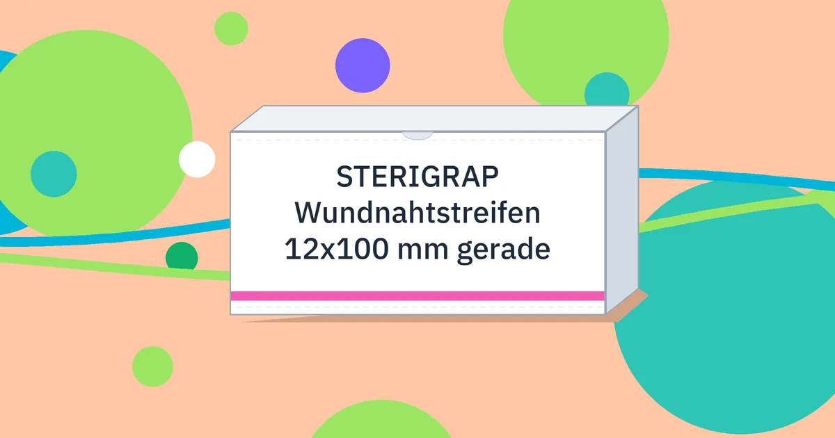 Symbolbild: Packung mit der Aufschrift STERIGRAP Wundnahtstreifen 12x100 mm gerade (PZN 17413031) – Verfügbarkeit und Bezug in Apotheken in Frankfurt am Main