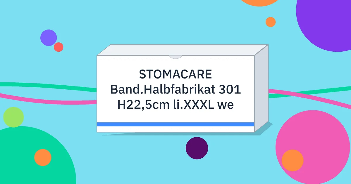 Symbolbild: Packung mit der Aufschrift STOMACARE Band.Halbfabrikat 301 H22,5cm li.XXXL we (PZN 01053435) – Verfügbarkeit und Bezug in Apotheken in Frankfurt am Main