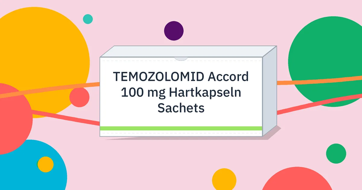 Symbolbild: Packung mit der Aufschrift TEMOZOLOMID Accord 100 mg Hartkapseln Sachets (PZN 16618883) – Verfügbarkeit und Bezug in Apotheken in Frankfurt am Main