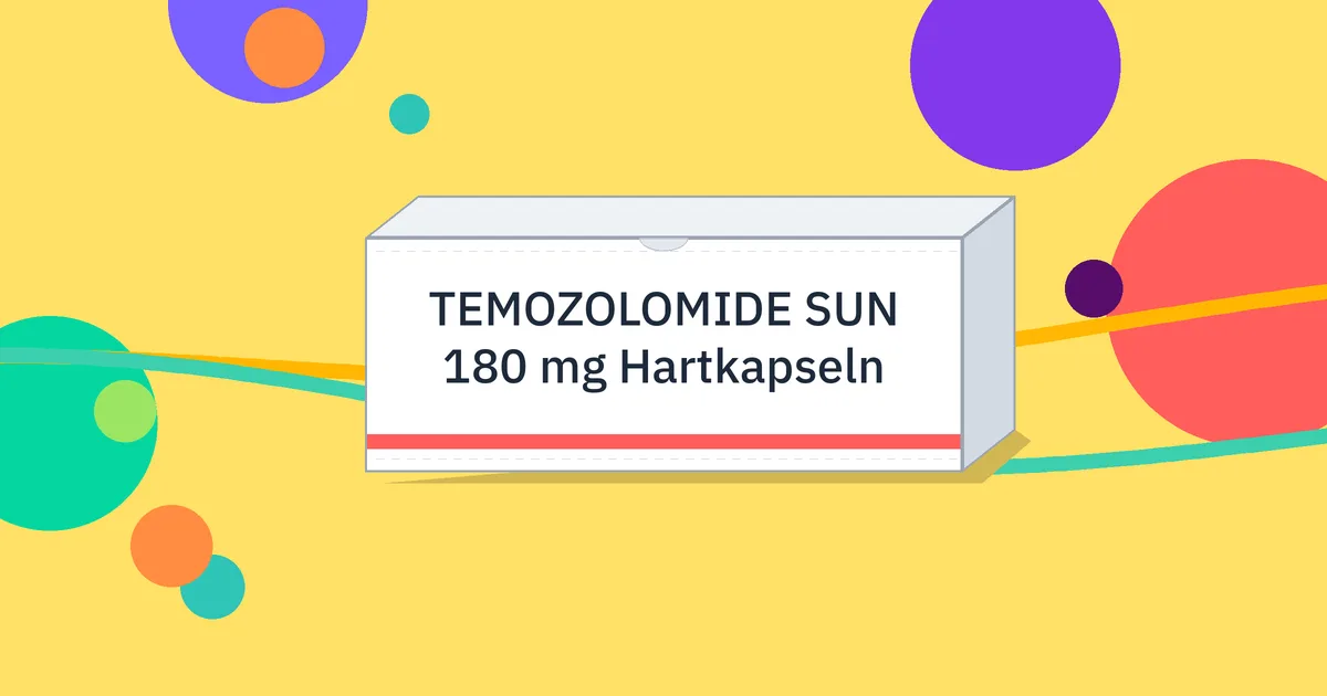Symbolbild: Packung mit der Aufschrift TEMOZOLOMIDE SUN 180 mg Hartkapseln (PZN 16770013) – Verfügbarkeit und Bezug in Apotheken in Frankfurt am Main