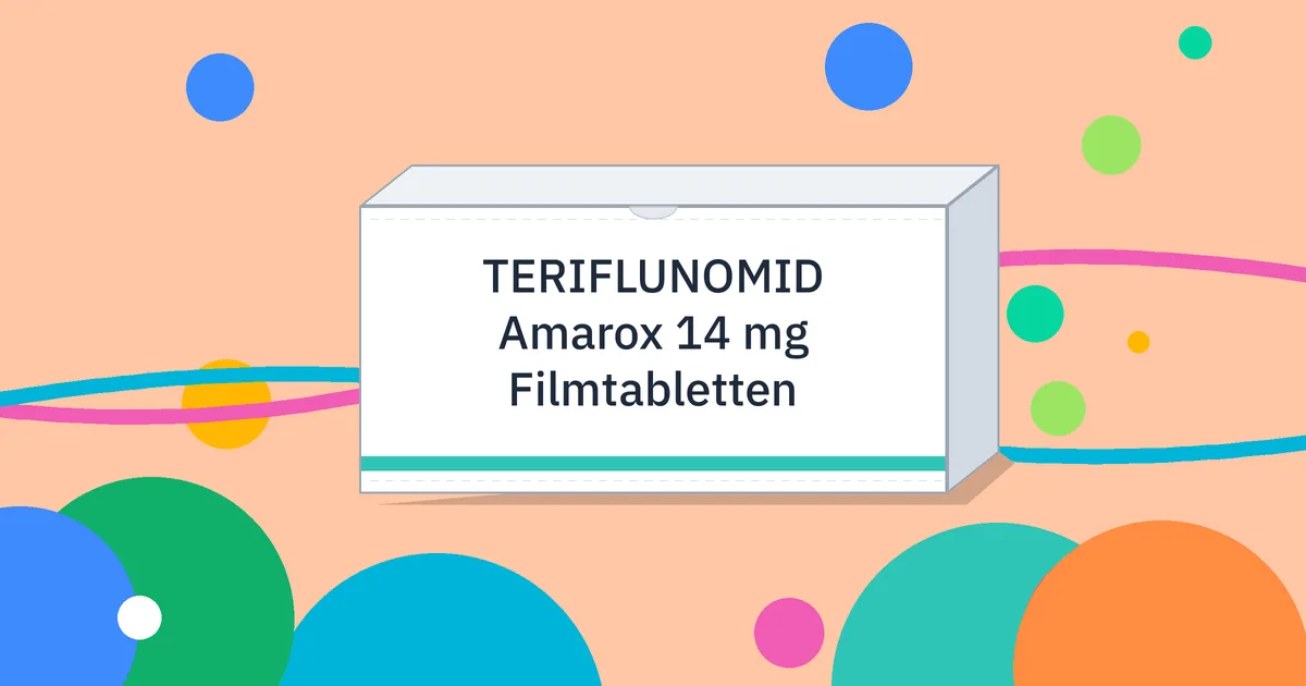 Symbolbild: Packung mit der Aufschrift TERIFLUNOMID Amarox 14 mg Filmtabletten (PZN 19170590) – Verfügbarkeit und Bezug in Apotheken in Frankfurt am Main