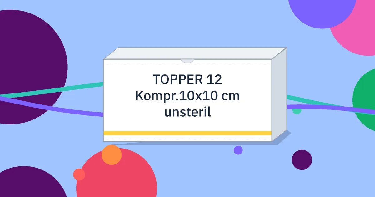 Symbolbild: Packung mit der Aufschrift TOPPER 12 Kompr.10x10 cm unsteril (PZN 03420406) – Verfügbarkeit und Bezug in Apotheken in Frankfurt am Main