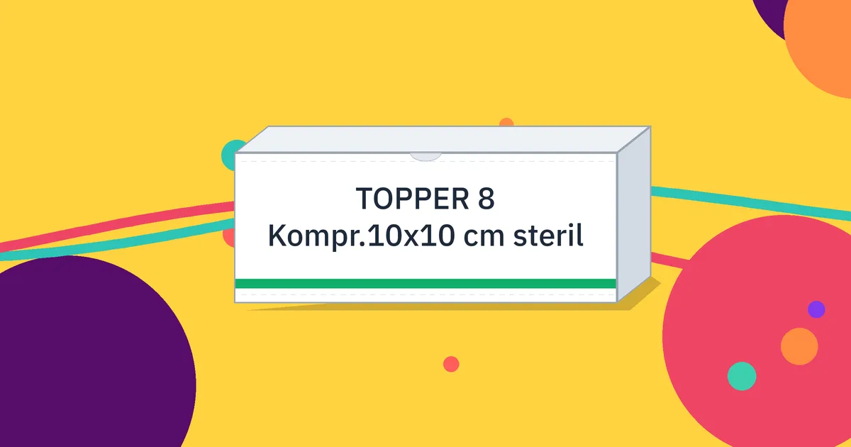 Symbolbild: Packung mit der Aufschrift TOPPER 8 Kompr.10x10 cm steril (PZN 19761090) – Verfügbarkeit und Bezug in Apotheken in Frankfurt am Main