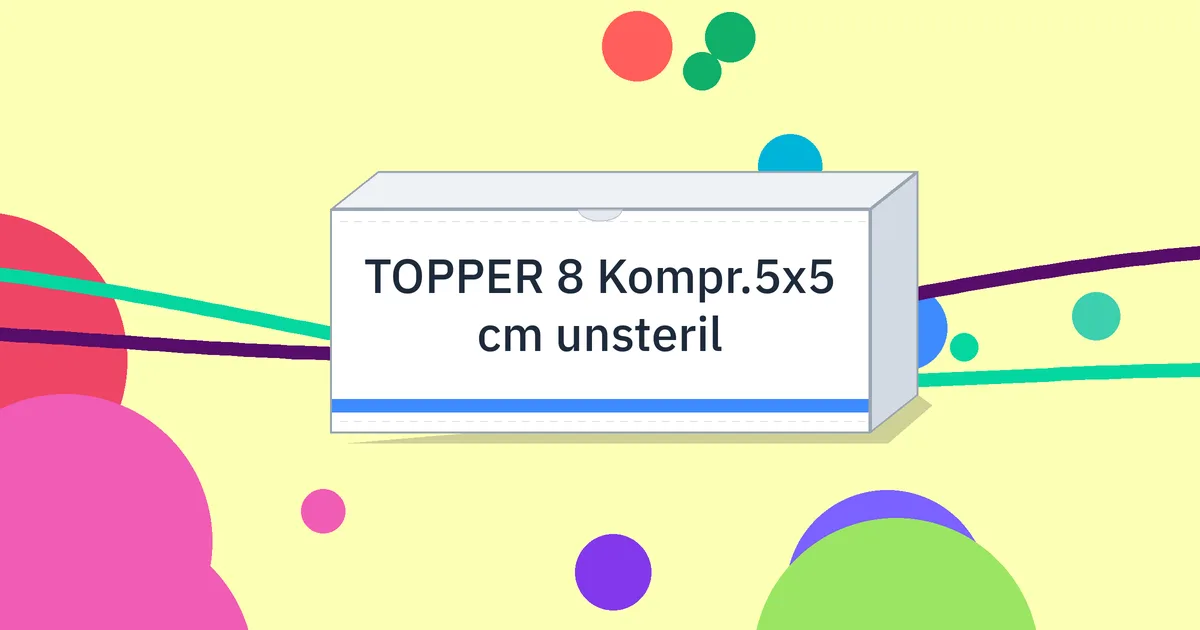 Symbolbild: Packung mit der Aufschrift TOPPER 8 Kompr.5x5 cm unsteril (PZN 03306627) – Verfügbarkeit und Bezug in Apotheken in Frankfurt am Main