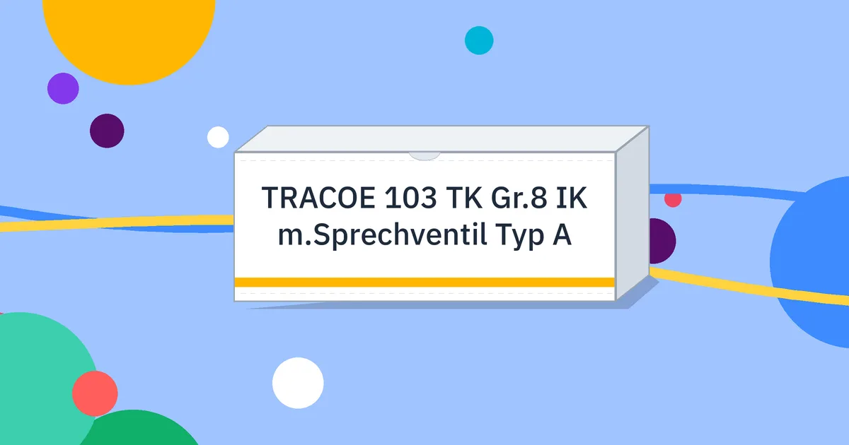Symbolbild: Packung mit der Aufschrift TRACOE 103 TK Gr.8 IK m.Sprechventil Typ A (PZN 02141006) – Verfügbarkeit und Bezug in Apotheken in Frankfurt am Main