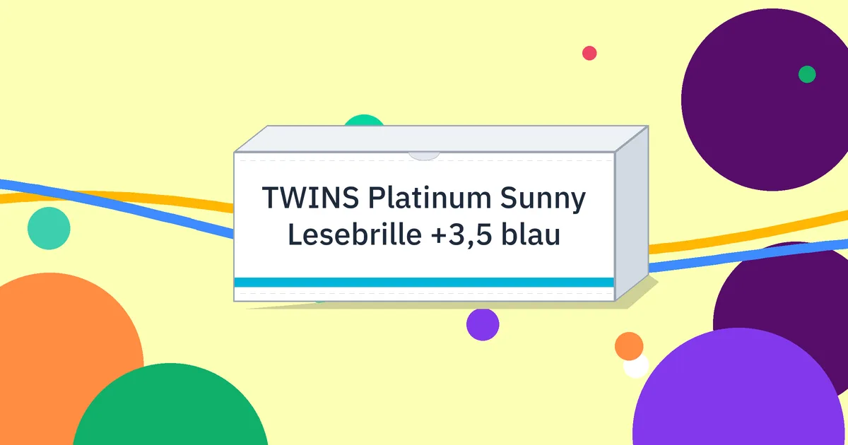 Symbolbild: Packung mit der Aufschrift TWINS Platinum Sunny Lesebrille +3,5 blau (PZN 13343983) – Verfügbarkeit und Bezug in Apotheken in Frankfurt am Main