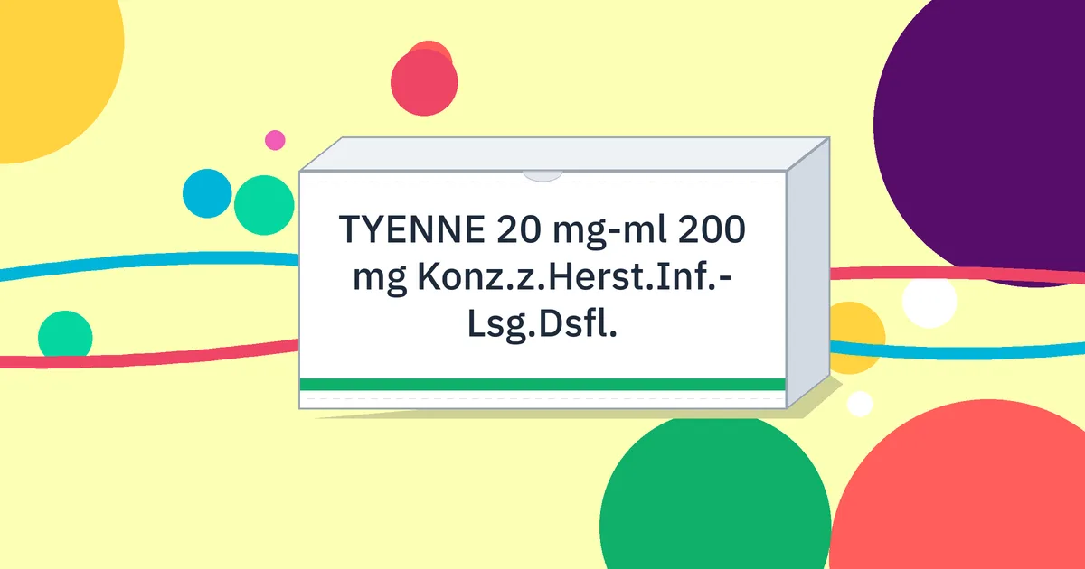 Symbolbild: Packung mit der Aufschrift TYENNE 20 mg-ml 200 mg Konz.z.Herst.Inf.-Lsg.Dsfl. (PZN 19918249) – Verfügbarkeit und Bezug in Apotheken in Frankfurt am Main