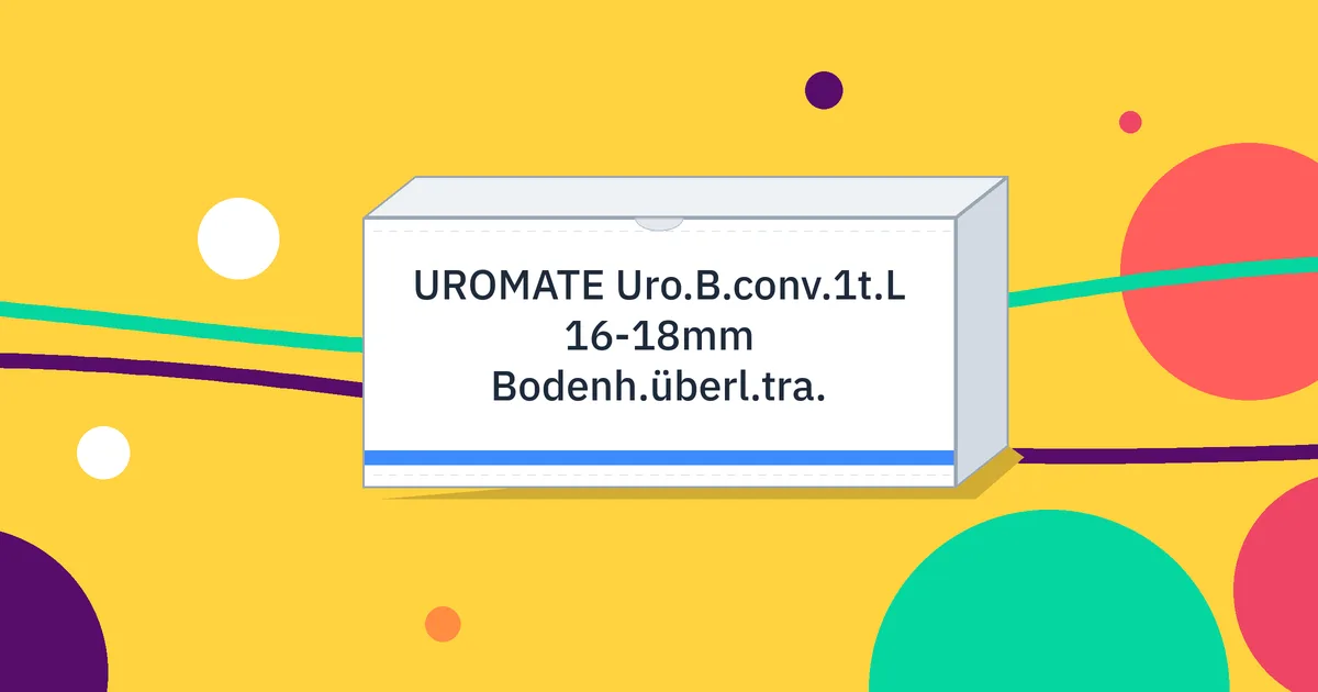 Symbolbild: Packung mit der Aufschrift UROMATE Uro.B.conv.1t.L 16-18mm Bodenh.überl.tra. (PZN 09713457) – Verfügbarkeit und Bezug in Apotheken in Frankfurt am Main