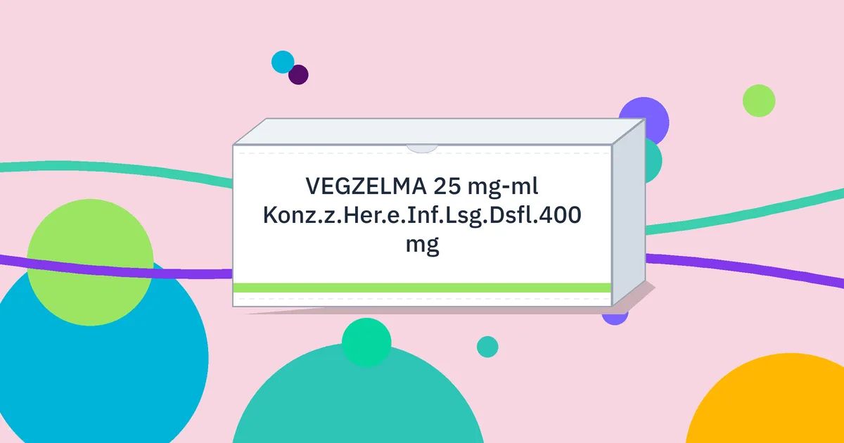 Symbolbild: Packung mit der Aufschrift VEGZELMA 25 mg-ml Konz.z.Her.e.Inf.Lsg.Dsfl.400 mg (PZN 19358997) – Verfügbarkeit und Bezug in Apotheken in Frankfurt am Main