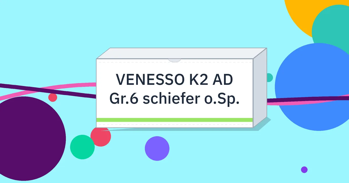 Symbolbild: Packung mit der Aufschrift VENESSO K2 AD Gr.6 schiefer o.Sp. (PZN 03260115) – Verfügbarkeit und Bezug in Apotheken in Frankfurt am Main
