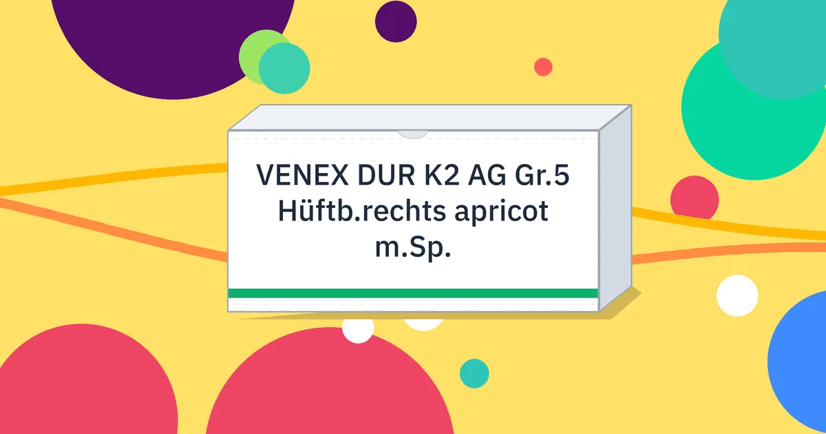 Symbolbild: Packung mit der Aufschrift VENEX DUR K2 AG Gr.5 Hüftb.rechts apricot m.Sp. (PZN 03228815) – Verfügbarkeit und Bezug in Apotheken in Frankfurt am Main