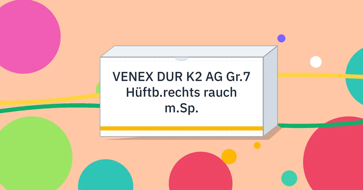 Symbolbild: Packung mit der Aufschrift VENEX DUR K2 AG Gr.7 Hüftb.rechts rauch m.Sp. (PZN 03228258) – Verfügbarkeit und Bezug in Apotheken in Frankfurt am Main