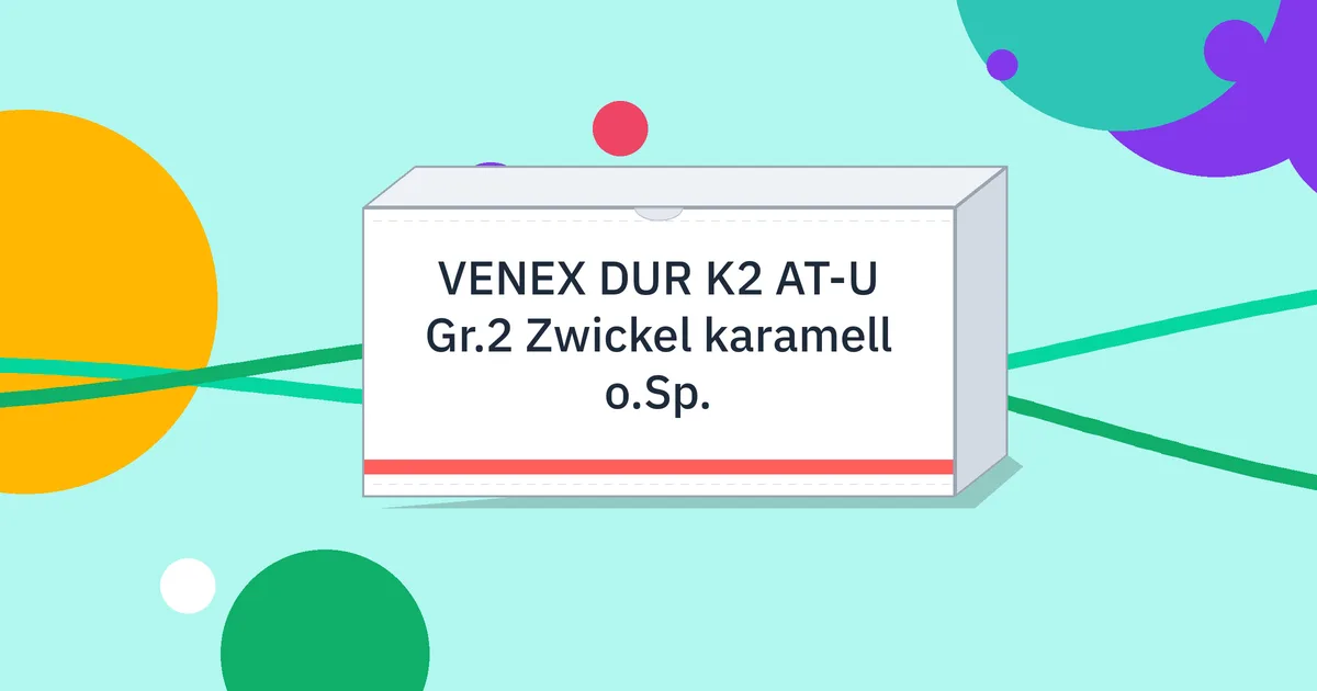 Symbolbild: Packung mit der Aufschrift VENEX DUR K2 AT-U Gr.2 Zwickel karamell o.Sp. (PZN 13759560) – Verfügbarkeit und Bezug in Apotheken in Frankfurt am Main