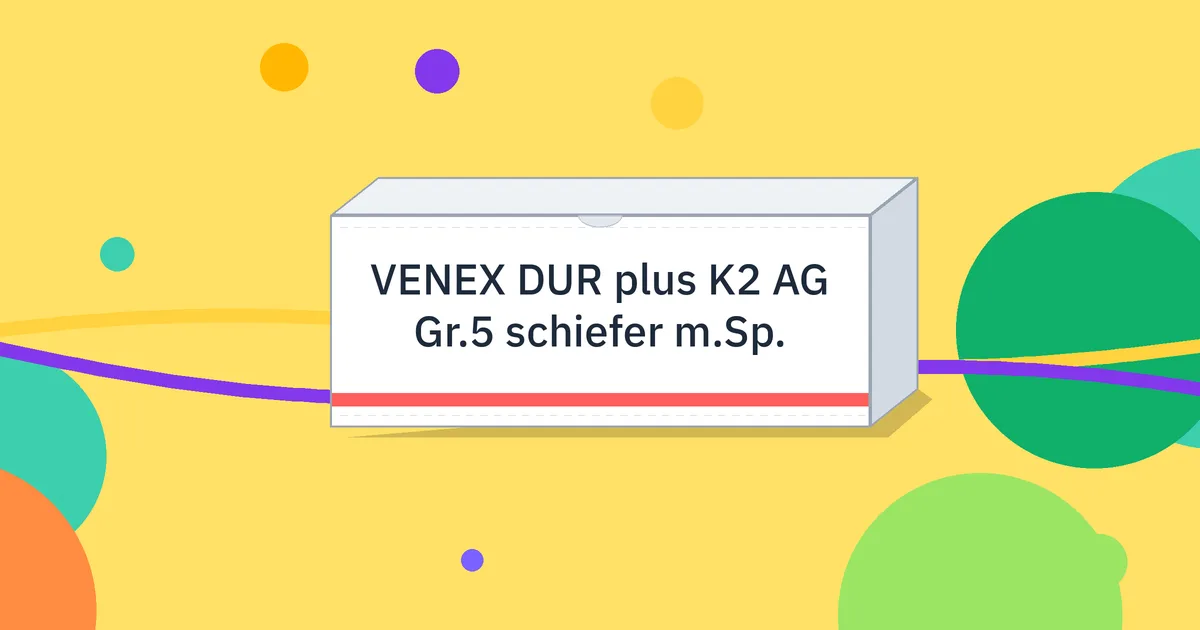 Symbolbild: Packung mit der Aufschrift VENEX DUR plus K2 AG Gr.5 schiefer m.Sp. (PZN 03235577) – Verfügbarkeit und Bezug in Apotheken in Frankfurt am Main