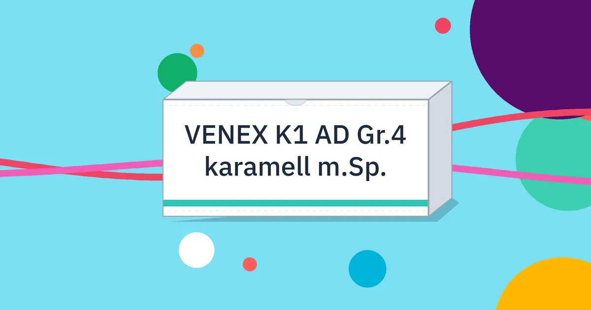 Symbolbild: Packung mit der Aufschrift VENEX K1 AD Gr.4 karamell m.Sp. (PZN 13757259) – Verfügbarkeit und Bezug in Apotheken in Frankfurt am Main