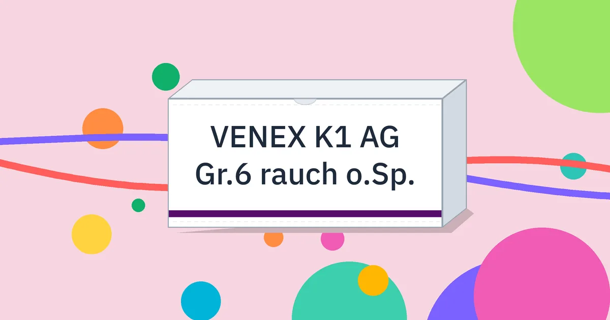 Symbolbild: Packung mit der Aufschrift VENEX K1 AG Gr.6 rauch o.Sp. (PZN 03188352) – Verfügbarkeit und Bezug in Apotheken in Frankfurt am Main