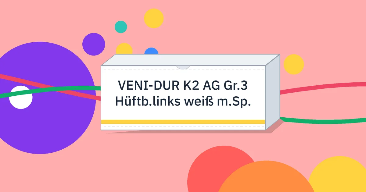 Symbolbild: Packung mit der Aufschrift VENI-DUR K2 AG Gr.3 Hüftb.links weiß m.Sp. (PZN 03250588) – Verfügbarkeit und Bezug in Apotheken in Frankfurt am Main