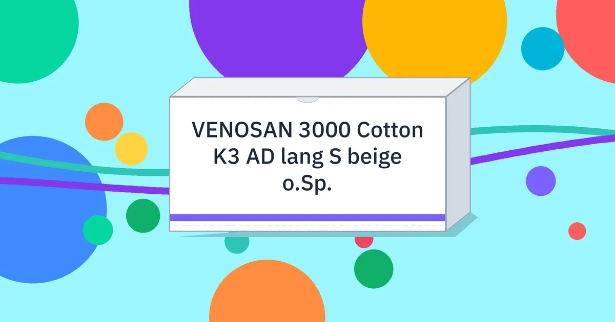 Symbolbild: Packung mit der Aufschrift VENOSAN 3000 Cotton K3 AD lang S beige o.Sp. (PZN 14421604) – Verfügbarkeit und Bezug in Apotheken in Frankfurt am Main