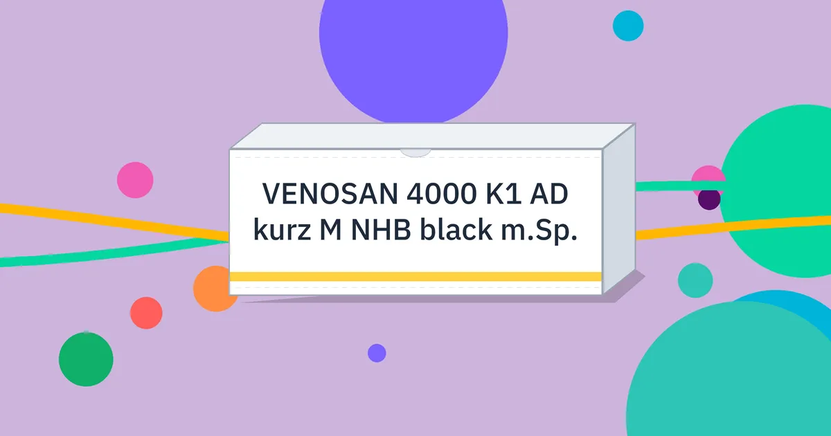 Symbolbild: Packung mit der Aufschrift VENOSAN 4000 K1 AD kurz M NHB black m.Sp. (PZN 14426642) – Verfügbarkeit und Bezug in Apotheken in Frankfurt am Main