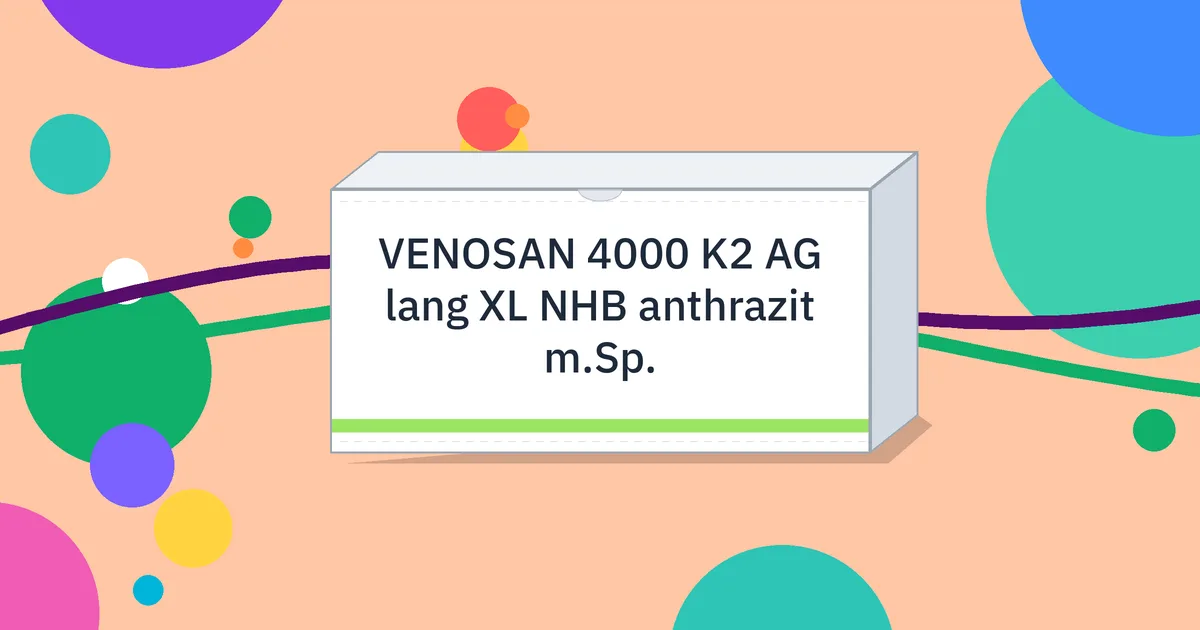 Symbolbild: Packung mit der Aufschrift VENOSAN 4000 K2 AG lang XL NHB anthrazit m.Sp. (PZN 16601782) – Verfügbarkeit und Bezug in Apotheken in Frankfurt am Main