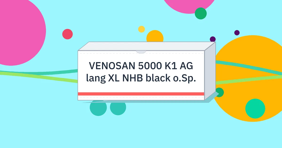 Symbolbild: Packung mit der Aufschrift VENOSAN 5000 K1 AG lang XL NHB black o.Sp. (PZN 14432938) – Verfügbarkeit und Bezug in Apotheken in Frankfurt am Main