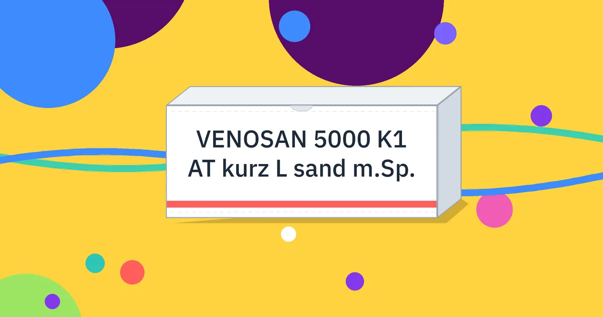 Symbolbild: Packung mit der Aufschrift VENOSAN 5000 K1 AT kurz L sand m.Sp. (PZN 14428279) – Verfügbarkeit und Bezug in Apotheken in Frankfurt am Main