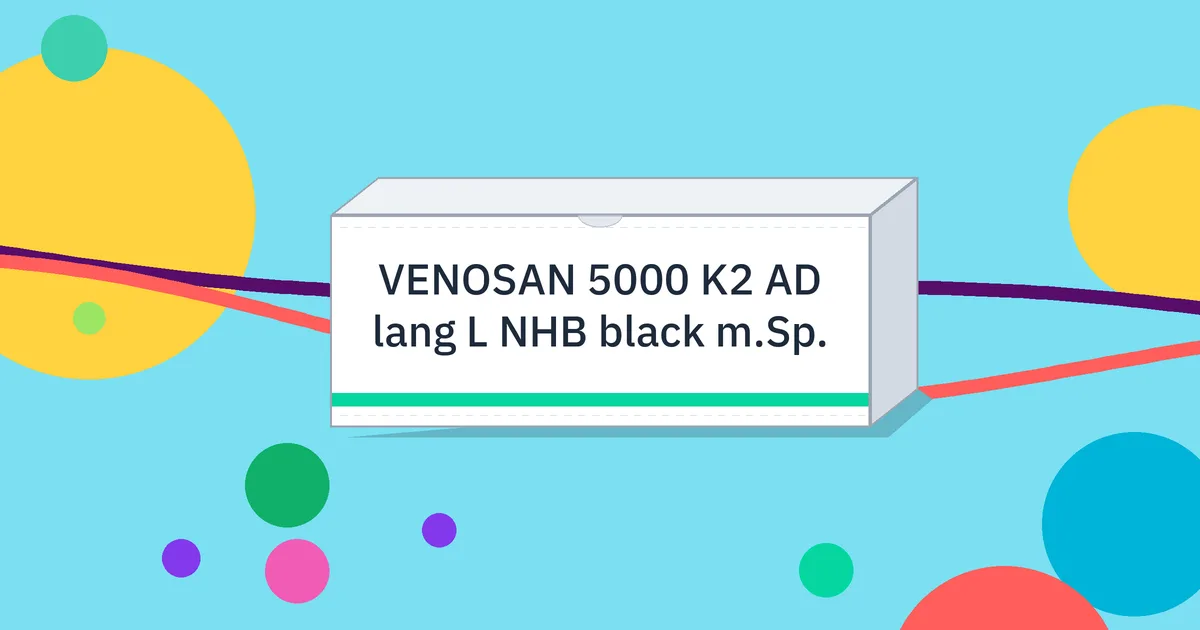 Symbolbild: Packung mit der Aufschrift VENOSAN 5000 K2 AD lang L NHB black m.Sp. (PZN 14433323) – Verfügbarkeit und Bezug in Apotheken in Frankfurt am Main