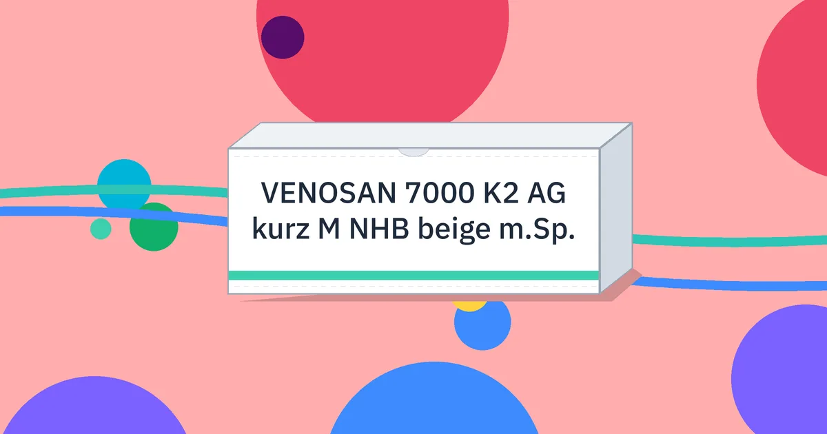 Symbolbild: Packung mit der Aufschrift VENOSAN 7000 K2 AG kurz M NHB beige m.Sp. (PZN 14434883) – Verfügbarkeit und Bezug in Apotheken in Frankfurt am Main