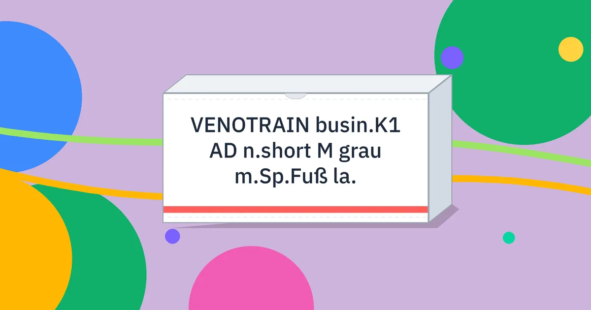 Symbolbild: Packung mit der Aufschrift VENOTRAIN busin.K1 AD n.short M grau m.Sp.Fuß la. (PZN 19056374) – Verfügbarkeit und Bezug in Apotheken in Frankfurt am Main