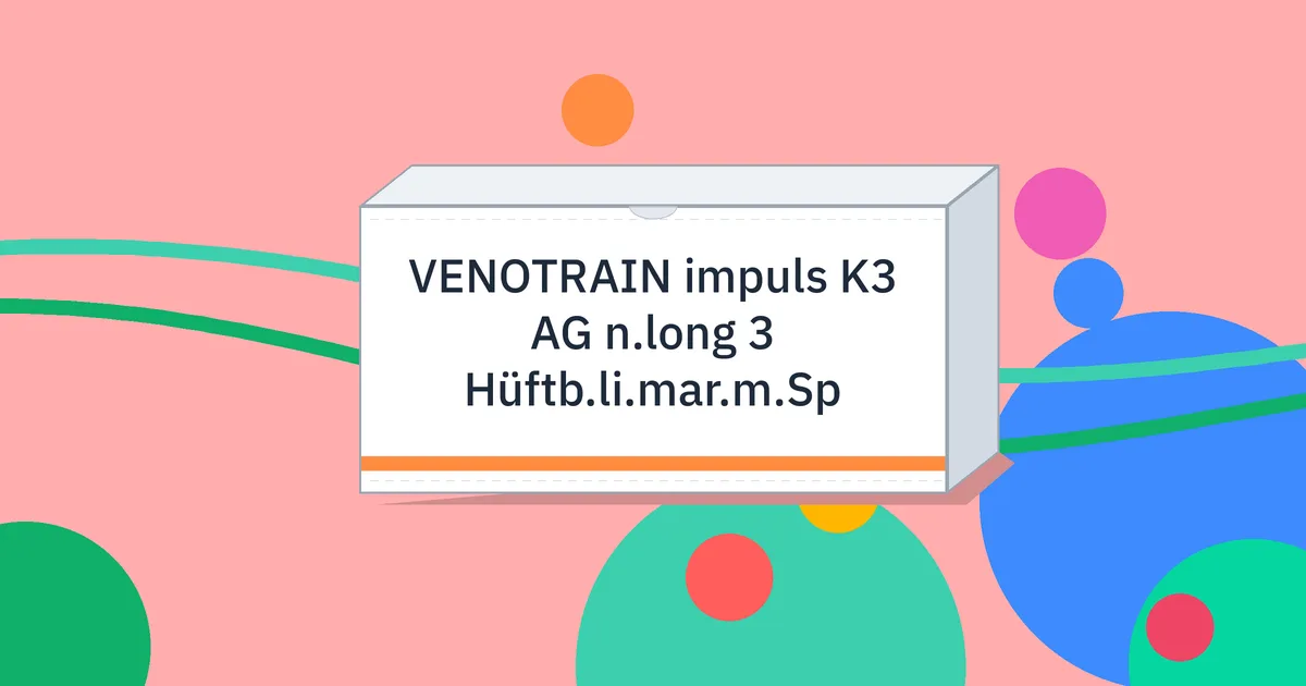 Symbolbild: Packung mit der Aufschrift VENOTRAIN impuls K3 AG n.long 3 Hüftb.li.mar.m.Sp (PZN 15220003) – Verfügbarkeit und Bezug in Apotheken in Frankfurt am Main