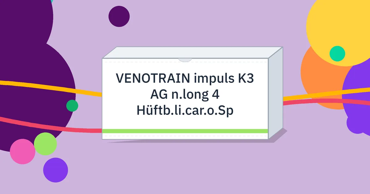 Symbolbild: Packung mit der Aufschrift VENOTRAIN impuls K3 AG n.long 4 Hüftb.li.car.o.Sp (PZN 08424656) – Verfügbarkeit und Bezug in Apotheken in Frankfurt am Main
