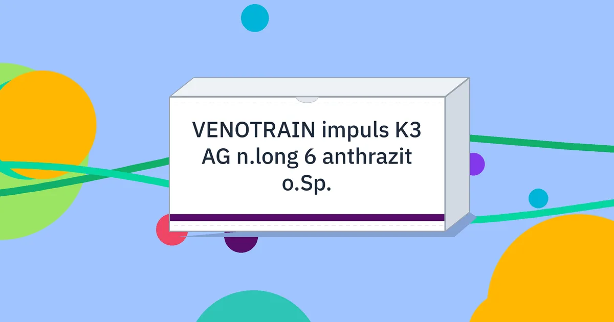 Symbolbild: Packung mit der Aufschrift VENOTRAIN impuls K3 AG n.long 6 anthrazit o.Sp. (PZN 15213842) – Verfügbarkeit und Bezug in Apotheken in Frankfurt am Main