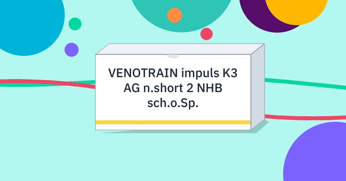 Symbolbild: Packung mit der Aufschrift VENOTRAIN impuls K3 AG n.short 2 NHB sch.o.Sp. (PZN 00538604) – Verfügbarkeit und Bezug in Apotheken in Frankfurt am Main