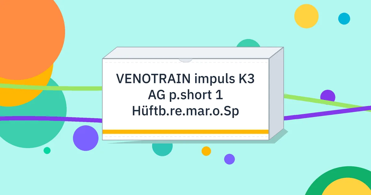 Symbolbild: Packung mit der Aufschrift VENOTRAIN impuls K3 AG p.short 1 Hüftb.re.mar.o.Sp (PZN 15217952) – Verfügbarkeit und Bezug in Apotheken in Frankfurt am Main