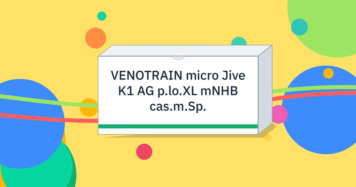 Symbolbild: Packung mit der Aufschrift VENOTRAIN micro Jive K1 AG p.lo.XL mNHB cas.m.Sp. (PZN 20766425) – Verfügbarkeit und Bezug in Apotheken in Frankfurt am Main