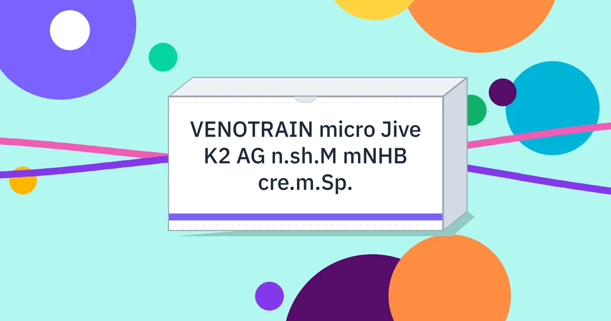 Symbolbild: Packung mit der Aufschrift VENOTRAIN micro Jive K2 AG n.sh.M mNHB cre.m.Sp. (PZN 17758014) – Verfügbarkeit und Bezug in Apotheken in Frankfurt am Main
