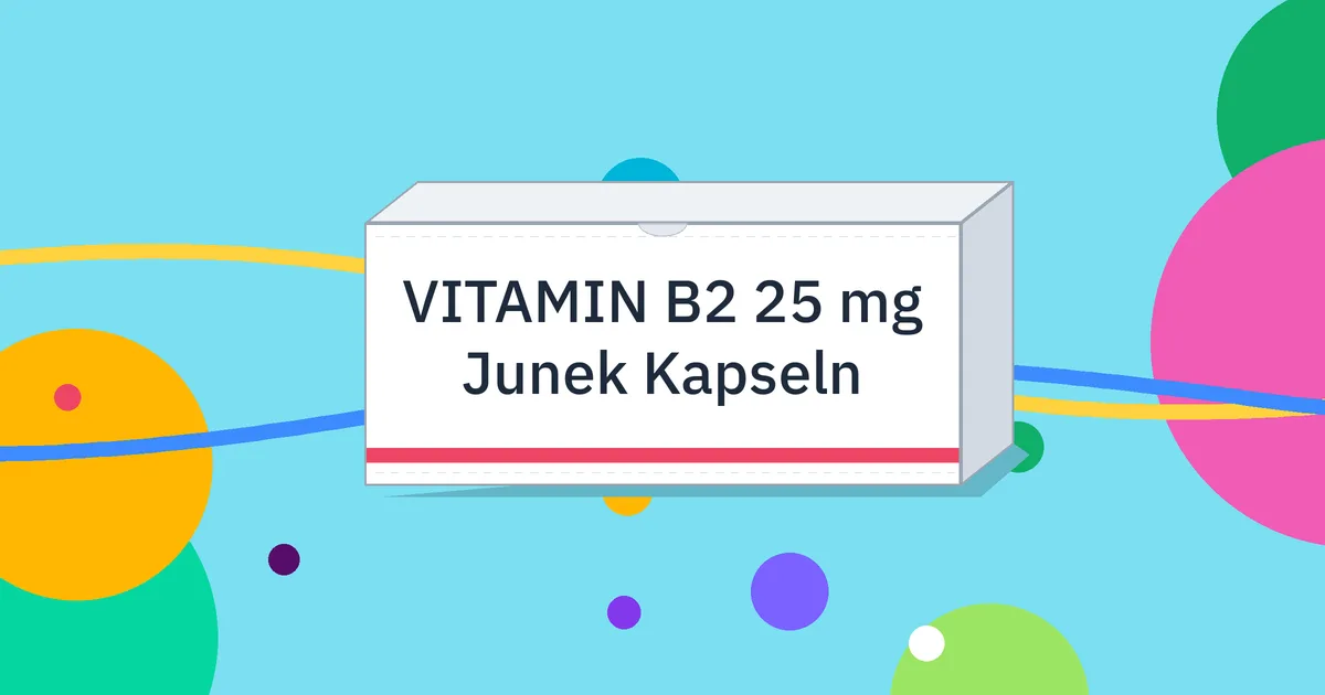 Symbolbild: Packung mit der Aufschrift VITAMIN B2 25 mg Junek Kapseln (PZN 16572230) – Verfügbarkeit und Bezug in Apotheken in Frankfurt am Main