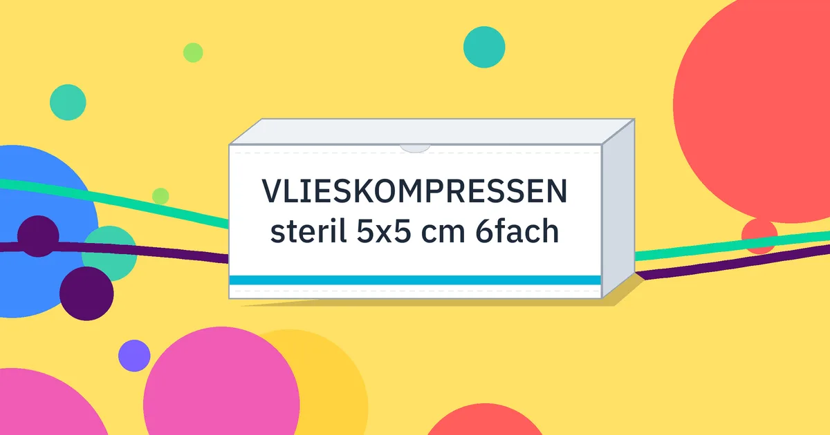 Symbolbild: Packung mit der Aufschrift VLIESKOMPRESSEN steril 5x5 cm 6fach (PZN 01330834) – Verfügbarkeit und Bezug in Apotheken in Frankfurt am Main