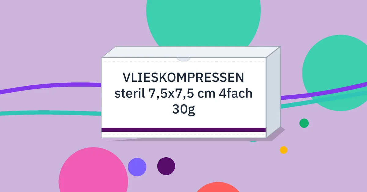 Symbolbild: Packung mit der Aufschrift VLIESKOMPRESSEN steril 7,5x7,5 cm 4fach 30g (PZN 03036895) – Verfügbarkeit und Bezug in Apotheken in Frankfurt am Main