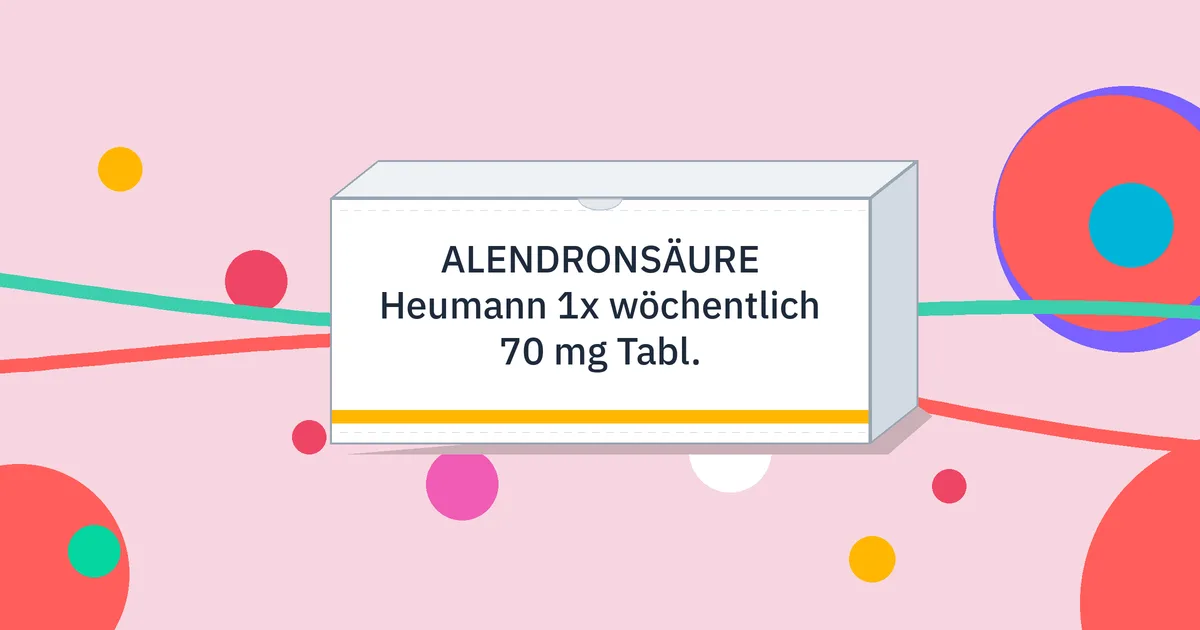 Symbolbild: Packung mit der Aufschrift ALENDRONSÄURE Heumann 1x wöchentlich 70 mg Tabl. (PZN 16906300) – Verfügbarkeit und Bezug in Apotheken in Frankfurt am Main