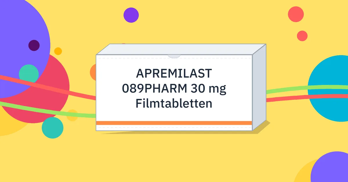 Symbolbild: Packung mit der Aufschrift APREMILAST 089PHARM 30 mg Filmtabletten (PZN 20223512) – Verfügbarkeit und Bezug in Apotheken in Frankfurt am Main