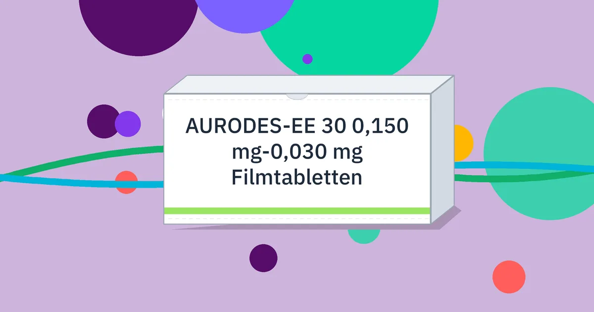 Symbolbild: Packung mit der Aufschrift AURODES-EE 30 0,150 mg-0,030 mg Filmtabletten (PZN 10272805) – Verfügbarkeit und Bezug in Apotheken in Frankfurt am Main