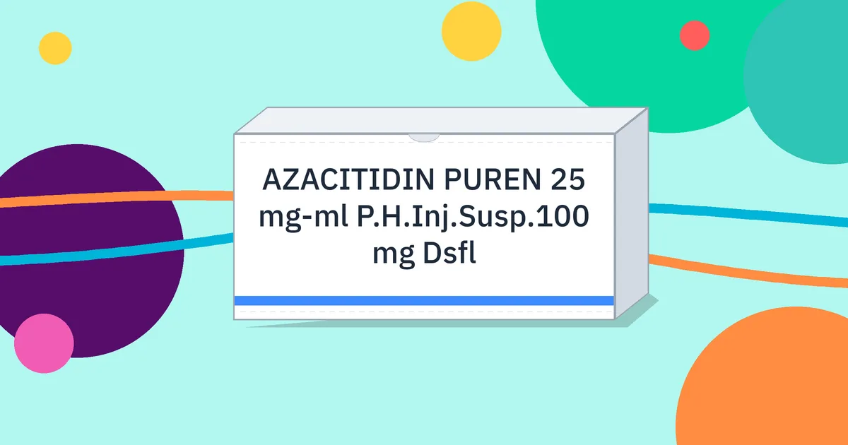 Symbolbild: Packung mit der Aufschrift AZACITIDIN PUREN 25 mg-ml P.H.Inj.Susp.100 mg Dsfl (PZN 18839430) – Verfügbarkeit und Bezug in Apotheken in Frankfurt am Main