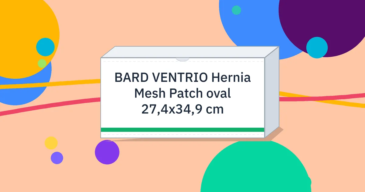 Symbolbild: Packung mit der Aufschrift BARD VENTRIO Hernia Mesh Patch oval 27,4x34,9 cm (PZN 07783005) – Verfügbarkeit und Bezug in Apotheken in Frankfurt am Main